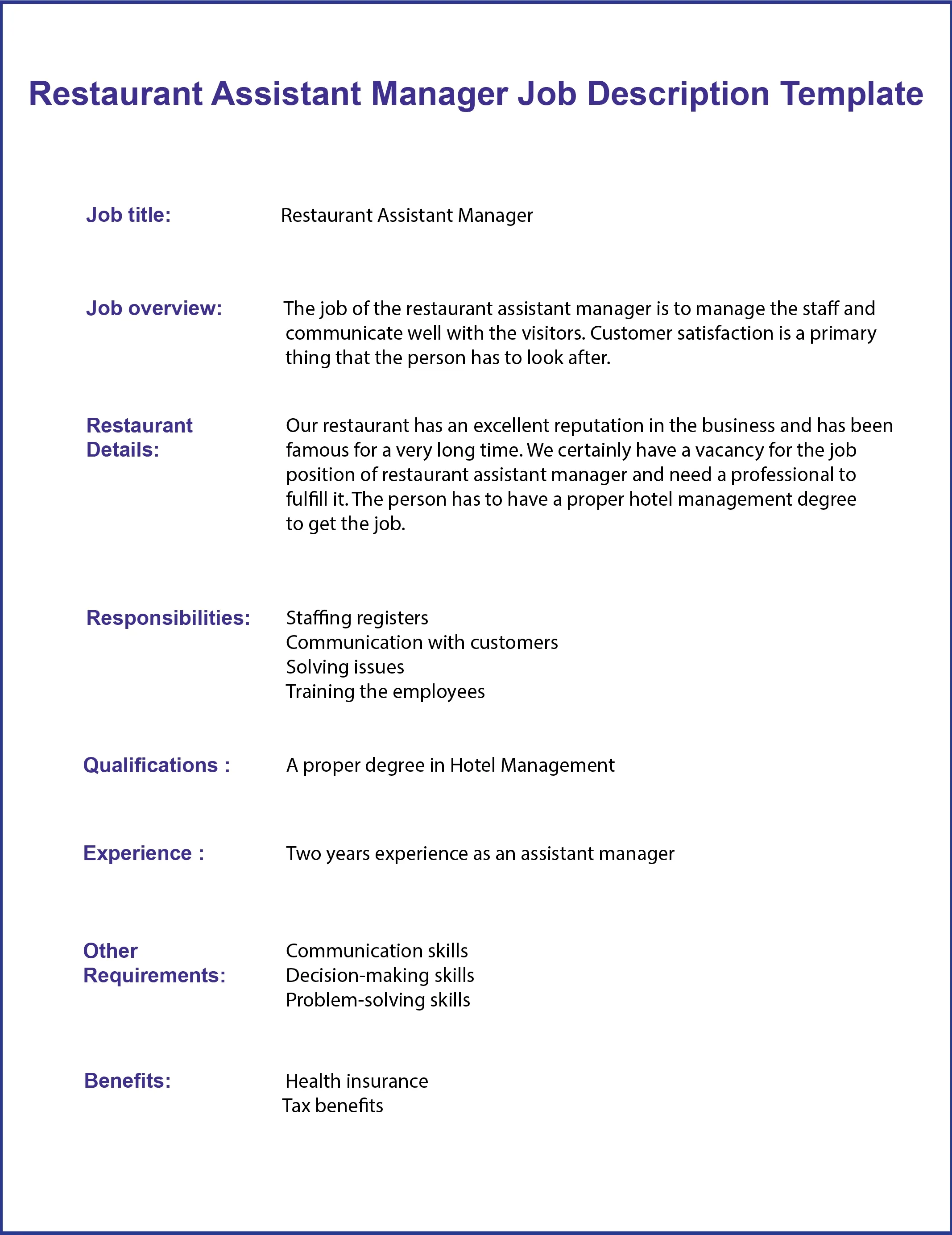 Restaurant Assistant Manager Job Description Template 2024 Restaurant Assistant Manager Job Description Template 2024